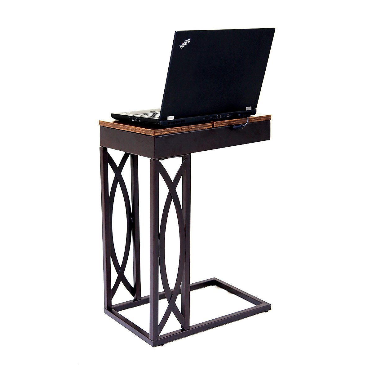 Leisure Space SeeTable - Stash with Device Stand, Charging Station, and Storage (Dark Brown Frame/Walnut Finish Table Top) - C Table/End Table/Side Table/Accent Table