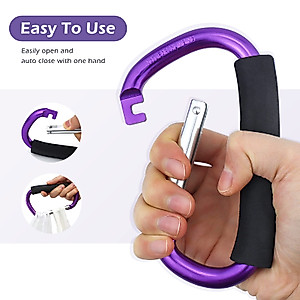 JIALEEY Strong Large Durable Buggy Carabiner Stroller Hooks Mummy Clip Pram Pushchair Grocery or Shopping and Plastic Bags Holder, 2 Pack Purple