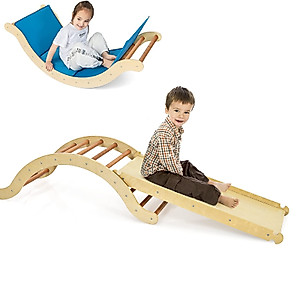 Olakids Climbing Toys for Toddlers, 3 in 1 Kids Wooden Pikler Montessori Arch Climbing Rocker with Ramp Ladder Cushion Pad for Gym Playground, Indoor Baby Climber Toy Play Structure Activity Set