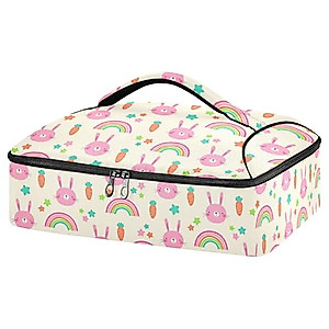 Kcldeci Insulated Thermal Food Carrier Insulated Casserole Carrier for Hot or Cold Food,Pink Rabbit with Carrot Rainbow Insulated Tote Bag for Potluck Cookouts Parties Picnic,Lasagna Lugger