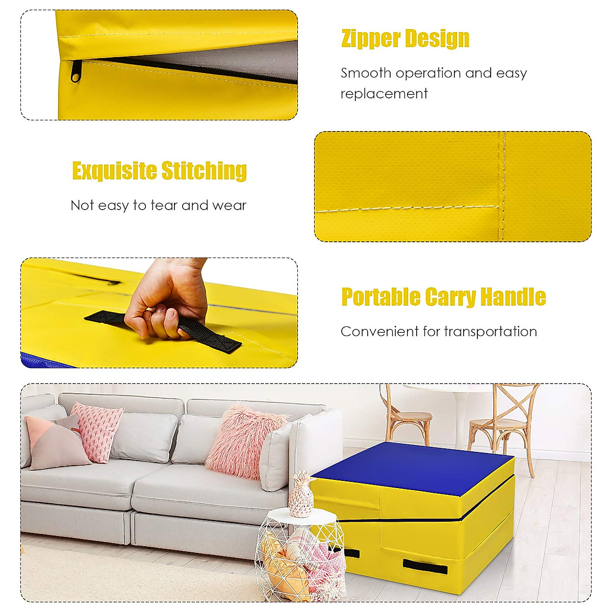 Giantex Folding Gymnastics Wedge Mat, w/Carrying Handles, Incline Gymnastics Tumbling Cheese Mat for Kids Play, Home Exercise, Aerobics, Gymnastics Training (Blue/Yellow)