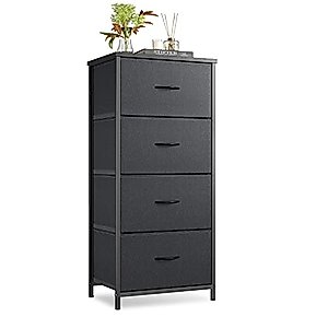 Cubiker Dresser Storage Tower, 4 Drawers Fabric Organizer Unit for Bedroom Hallway Entryway Closets, 16" Small Dresser Clothes Storage with Sturdy Steel Frame Wood Top, Black Grey