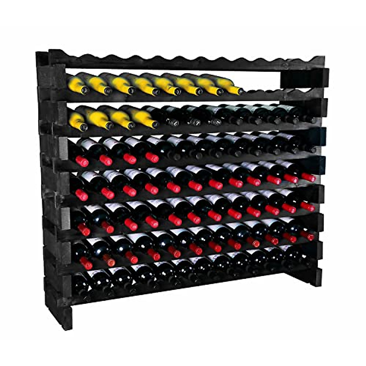 Stackable Modular Wine Rack Wine Storage Rack Wine Holder Display Shelves for Wine Cellar or Basement, Freestanding Wine Rack Thick Wood Wobble-Free (Black, 12 X 8 Rows (96 Slots))