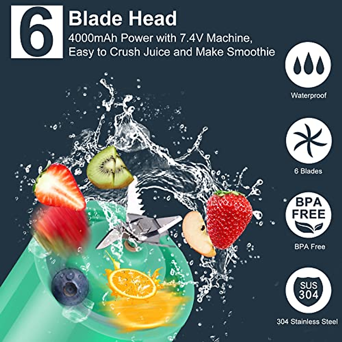 Portable Blender USB Rechargeable, Hotsch Personal Size Blender for Shakes and Smoothies, Strong Cutting Power with Six Blades, 20Oz Juicer Cup for Sports, Travel