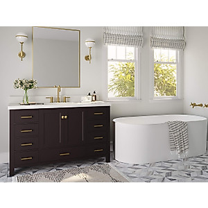ARIEL 55" Espresso Bathroom Vanity with 1.5" Edge Pure White Quartz Countertop & Backsplash, Center Rectangular Sink, 2 Soft Closing Doors, 9 Full Extension Dovetail Drawers, Satin Brass