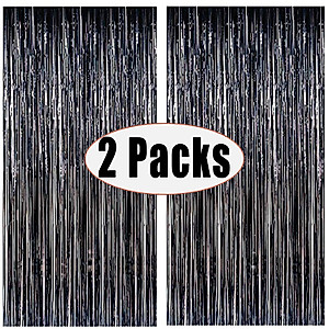 FECEDY 2pcs 3ft x 8.3ft Black Metallic Tinsel Foil Fringe Curtains Photo Booth Props for Birthday Wedding Engagement Bridal Shower Baby Shower Bachelorette Holiday Celebration Party Decorations