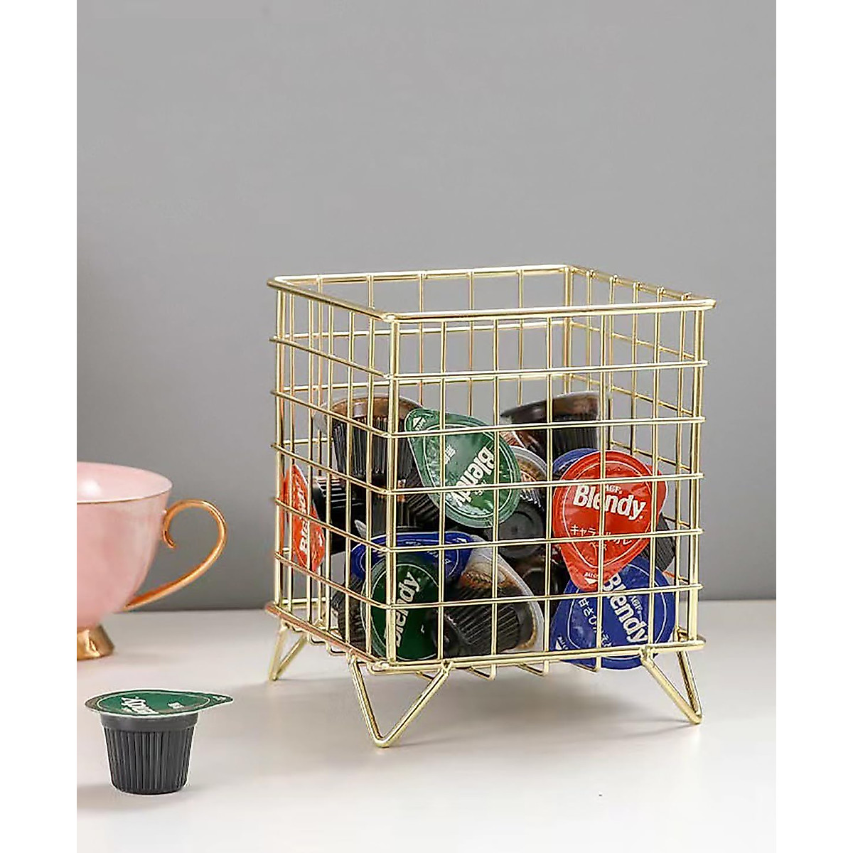 Alunsito Coffee Pod Holder Metal K Cup Rack Large Capacity Wire Storage Container Square Basket Organizers for Espresso, Tea, Snacks, Small Fruit, Rose Gold, 5.3*5.3*6.3in