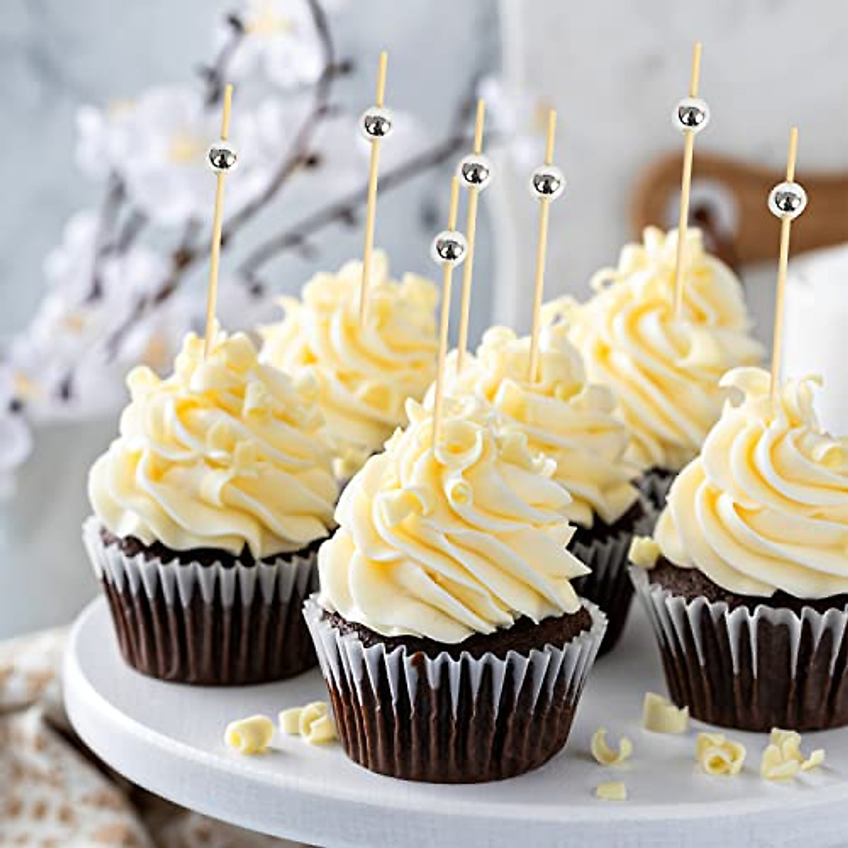 KIMOBER 100PCS Cocktail Picks,Silver Pearl Handmade Bamboo Cocktail Toothpicks for Appetizers Fruit Party,Cocktail Sticks Party Supplies