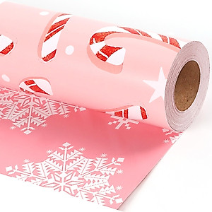 LaRibbons Reversible Christmas Wrapping Paper Jumbo Roll with Pink Pom Pom, Classic Candy Cane/Snowflake Gift Wrap Set for Christmas, Party, Holiday Celebration, 30 Inch × 40 Feet (100 sq. ft. ttl.)