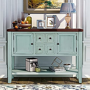 Knocbel Vintage Wood Console Table Buffet Sideboard with 4 Storage Drawers, 2 Cabinets & Bottom Shelf, Entryway Hallway Foyer Table Cupboard Coffee Bar Cabinet, 46" L x 15" W x 34" H (Antique Blue)