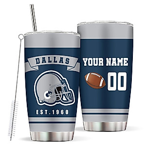 Custom Dallas Tumbler 20oz Stainless Steel with Lid & Straw Personalized Football Fans Gifts for Women Men Travel Cup Insulated Tumbler Add Name Number