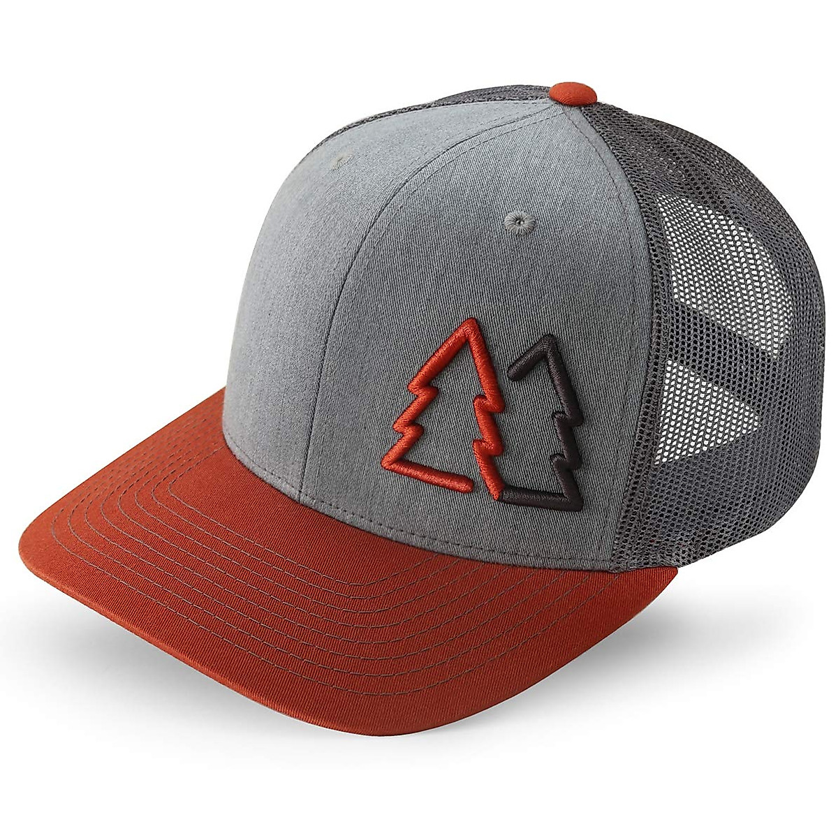 WUE Simple Pine Trees Trucker Hats for Men Adjustable Snapback Mesh Cap Great for Outdoors (Heather/Orange/Charcoal)