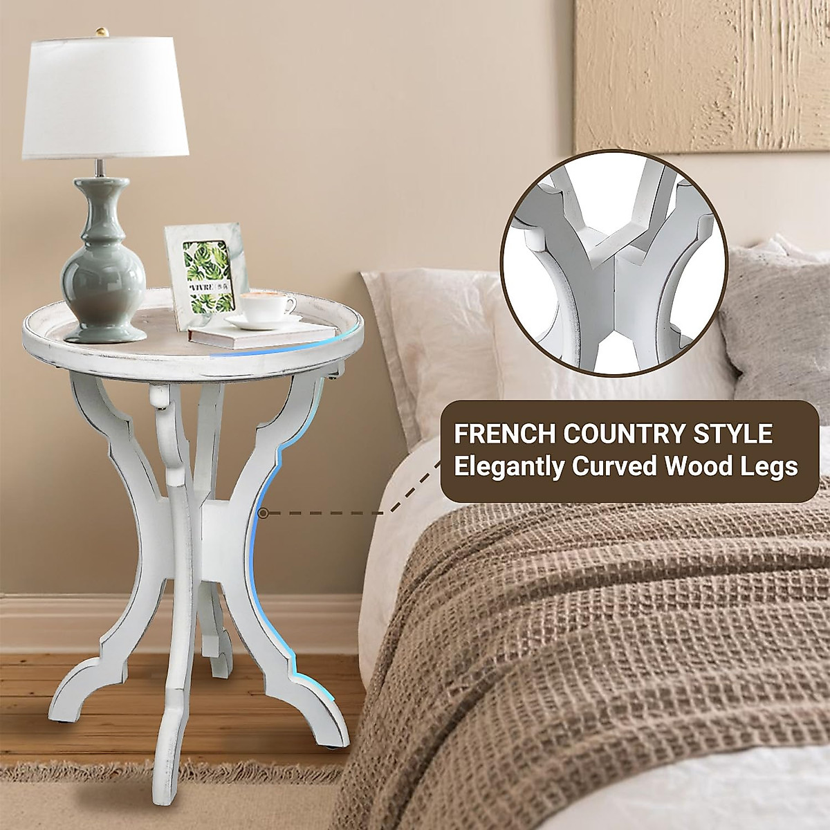 HCODCIBA Round Side Table with Carved Tray Top,Farmhouse Small End Table with Curved Legs,Retro Bedside Table Rustic Accent Table for Living Room,Bedroom