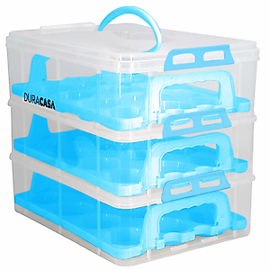 DuraCasa Cupcake Carrier, Cupcake Holder | Premium Upgraded Model Holds Cupcakes Steadier | Store up to 36 Cupcakes or Muffins | Stacking Cupcake Storage Container | Use 1,2, or 3 Tiers (Blue)