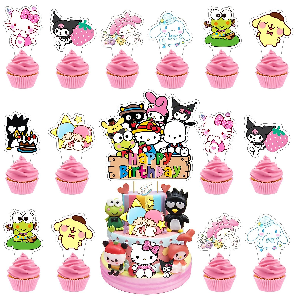 25Pcs Kitty and Friends Cake Topper and Cupcake Toppers Set, Cinnamoroll Kuromi and My Melody keroppi Birthday Party Supplies for Kawaii Themed Birthday Cake Decorations