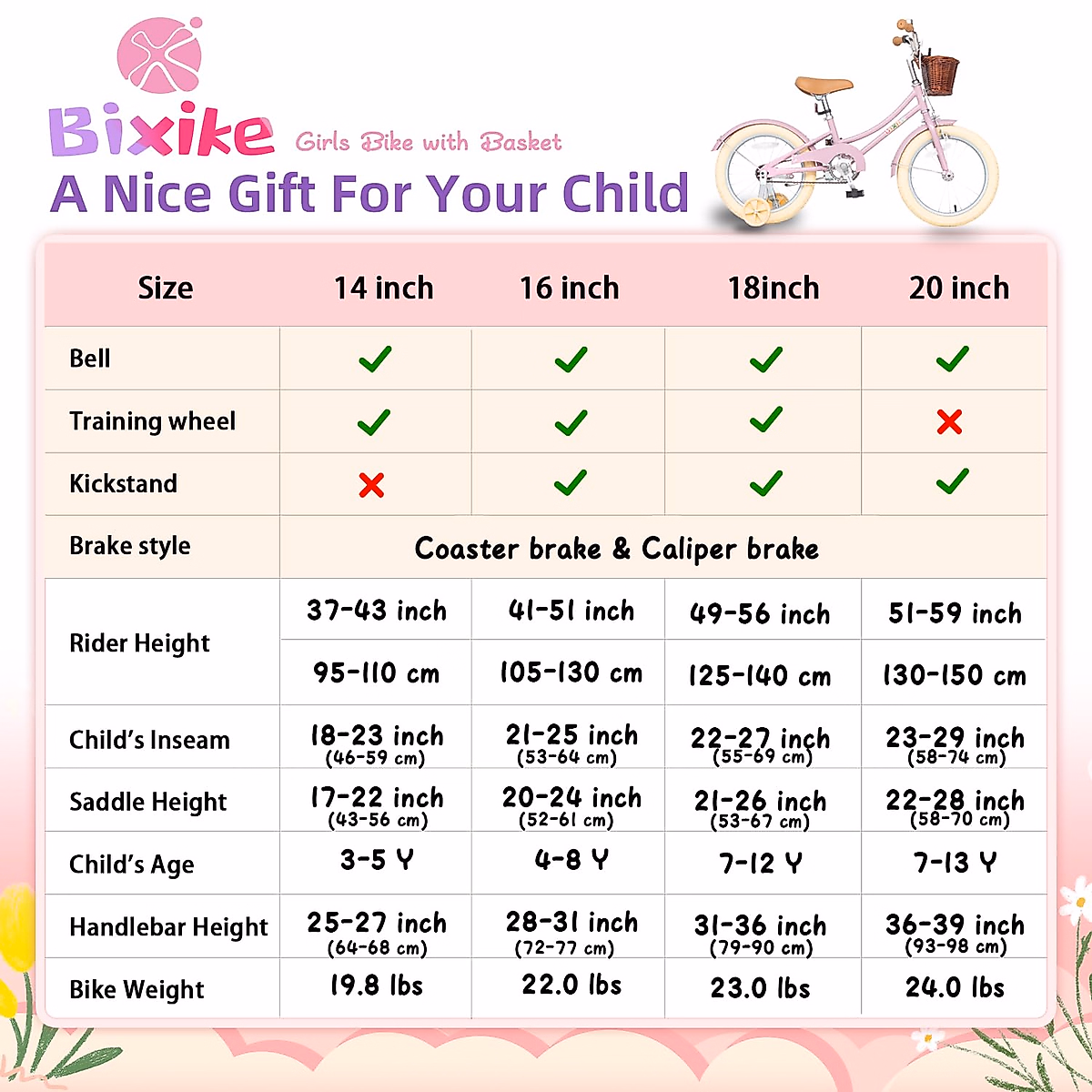 Bixike Retro Design Girls Bike with Basket and Coaster Brake for 3-13 Years Old Kids, 14 16 18 Inch Kids Cruiser Bicycle for Toddlers with Training Wheels, 20 Inch with Kickstand, Multiple Colors