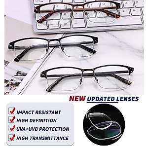 JJWELL 3 Pack Bifocal Reading Glasses for Men Blue Light Blocking, Anti Eyestrain/ Dryness/ UV Spring Hinge Bifocal Readers for Men with Pouches, Half Metal Eyeglasses (1.75)