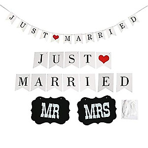 JUST Married Wedding Banner Bunting Photo Booth Props Garland Bridal Shower Decoration with Mr and Mrs Chair Signs