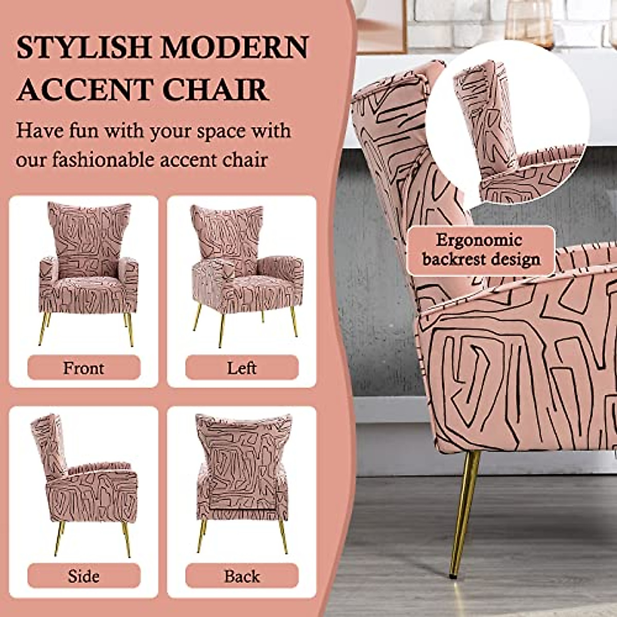 NIOIIKIT Velvet Accent Chair with Metal Gold Legs Upholstered Wingback Armchair Side Lounge Chair Leisure Single Sofa Arm Club Reading Chair for Living Room Bedroom Office (Pink)