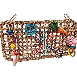 GILYGI 16.5×8.3 Inches Bird Foraging Wall Toys, Parrot Seagrass Woven Mat with Colorful Chewing Toys, Bird Activity Wall Toy for Conures Cockatiels African Grey Amazon Medium and Large Parrots