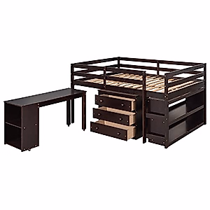 Low Full Loft Bed with Desk and Dresser Wood Kids Loft Beds Frame with Cabinet & Storage Shelves & Rolling Portable Desk for Juniors, Teen, Boys, Girls, Full Size, Espresso