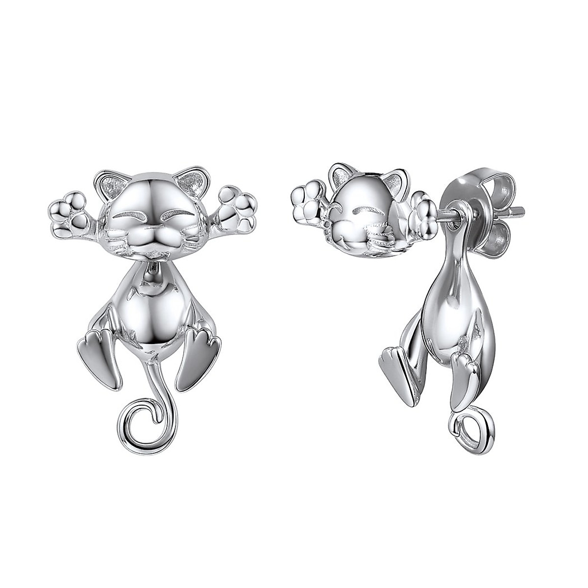 925 Silver Cute Cat Earrings Stud Solid Sterling Jewelry " Kiss me Hug Me" 3D Kitten Ear Jacket Earring for Women Teen Girls
