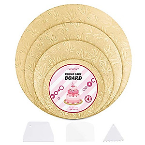 Hemoton 4Pcs Reusable Thicker Cake Boards with Embossed Foil Wrapping and 3 Scrapers for Cake Decoration Wedding Birthday Party 12" 10" 8" 6" (Gold)