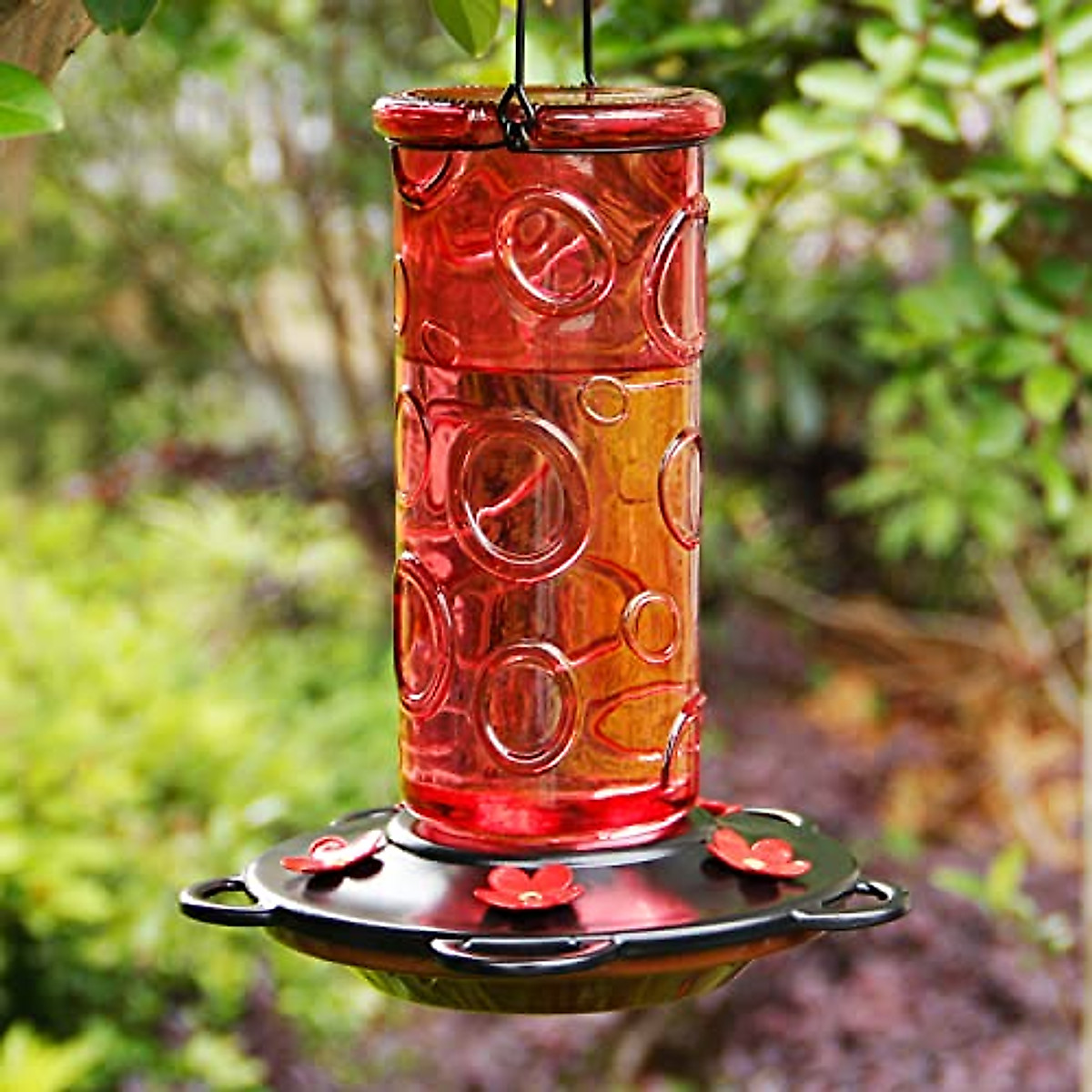 Juegoal 28 oz Glass Hummingbird Feeders for Outdoors, Wild Bird Feeder with 5 Feeding Ports, Metal Handle Hanging for Outdoor Garden Tree Yard, Red