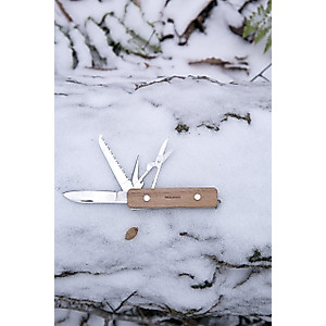 Kikkerland Huckleberry First Pocket Knife, Compact 4 in 1 Tools, Lightweight, Wood Handle, Stainless Steel, Keyring, For Camping, Hiking and Fishing