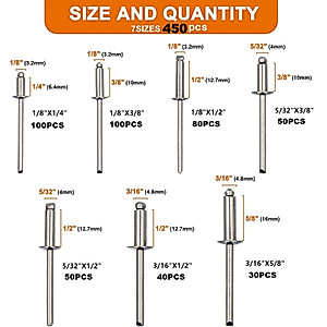 450pcs Stainless Steel Blind Pop Rivets, Stainless Steel Blind Rivets, 1/8" 5/32" 3/16"，7Sizes Pop Rivets Assortment Kit(Silver)