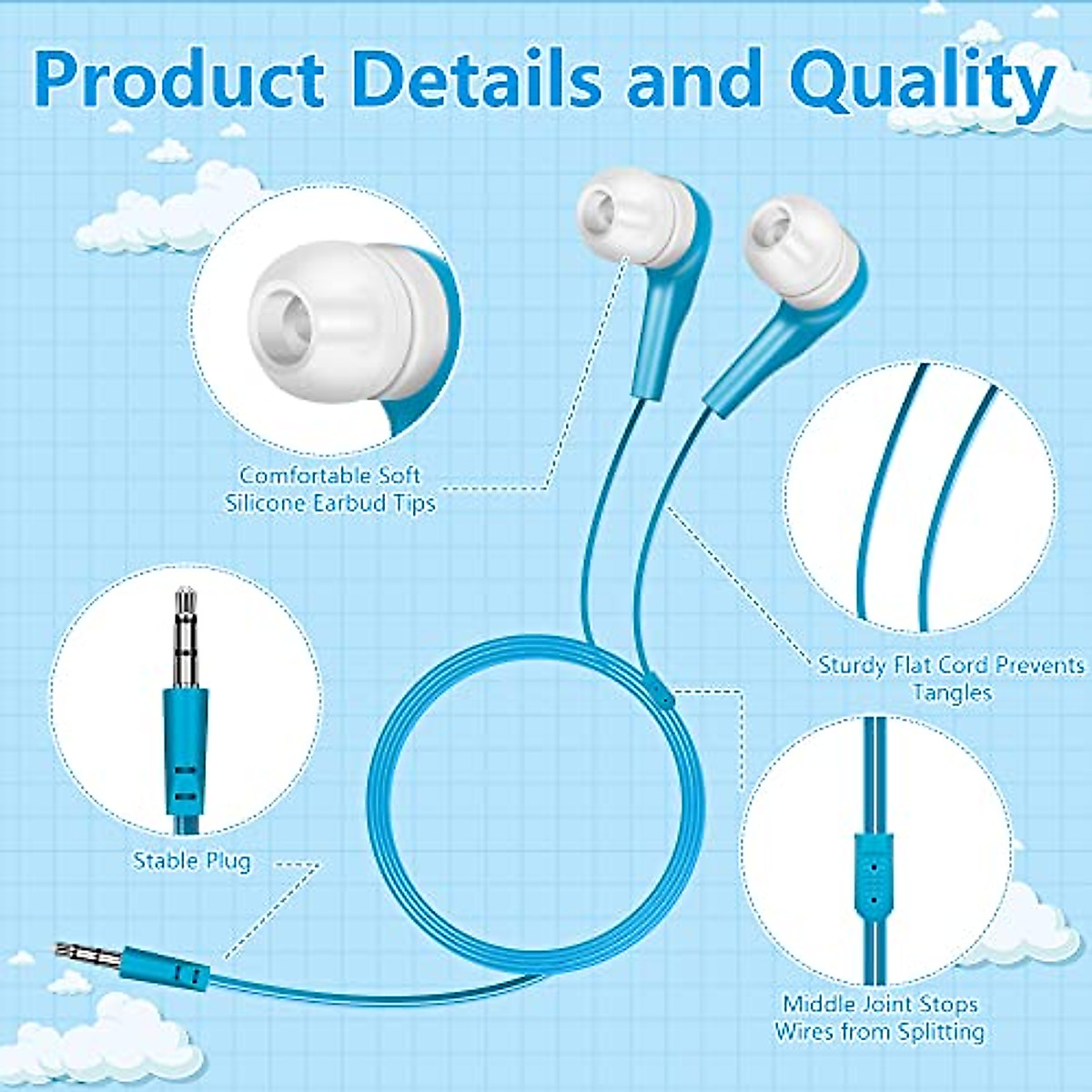 Bulk Earbuds Headphones 10 Pack Earphones with Comfortable Silicone Ear-Bud for School Classroom Students Kids and Adult Individually Bagged (10Pack,Mix 8 Colors)