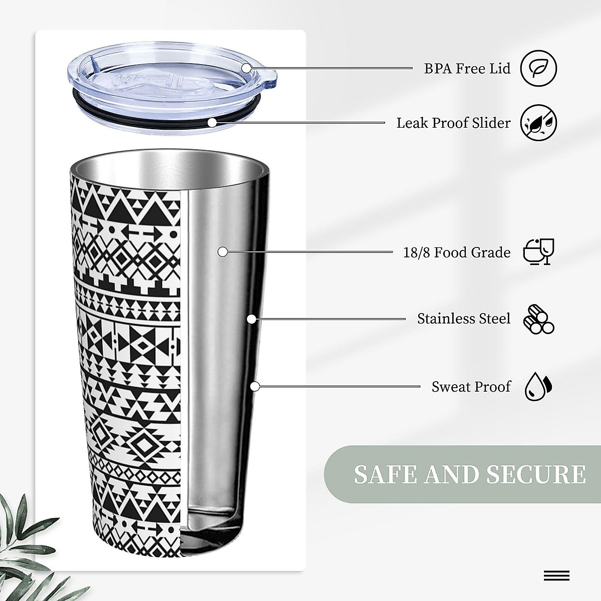 JASROTAO Black Navajo Print Tumbler,Geometric print 20oz Stainless Steel Insulated Travel Tumbler,Travel Coffee Mug with Lid and Straw Water Bottle Drink Tumbler Cups Gifts for Women Men Lovers