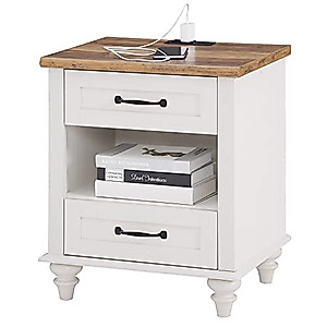 WAMPAT White Nightstand with Charging Station, Side Table with Two Drawers & Open Shelf, Mid-Century End Table Bedside Table with Solid Wood Legs, Night Stand for Bedroom, Living Room