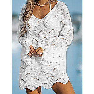 CUPSHE Women Casual Cut Out Swim Cover Up Drop Shoulder Long Sleeve V-Neck Cover-Ups,S White