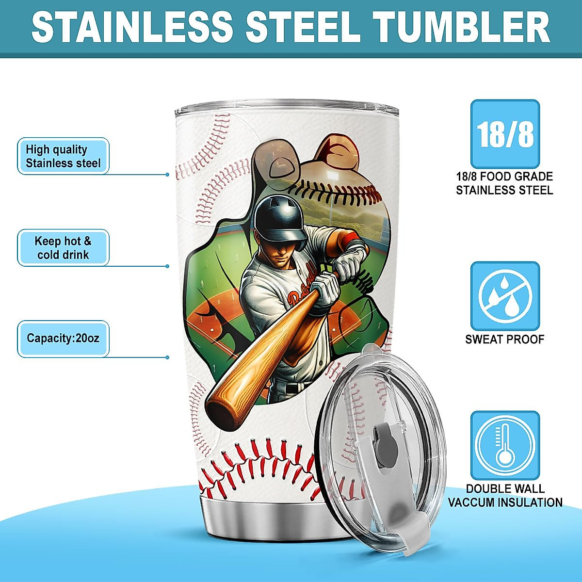 JENOIS Hustle Hit Baseball, Tumbler 20 Oz With Lid And Straw, For Fathers Cup Day Women Coffee Dad Tumblers, Baseball Gifts