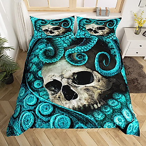 Feelyou Octopus Duvet Cover Set Queen Size 3D Print Skull Bedding Set Blue Decorative Luxury Horror Microfiber Polyester Comforter Cover with 2 Pillow Shams, Zipper, Marine Life, 3 Pieces