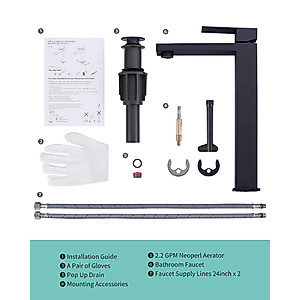 Vessel Sink Faucet Matte Black, ARCORA Single Handle Tall Bathroom Faucet, Single Hole Lavatory Vanity Mixer Bar Tap with Pop Up Drain and Faucet Supply Lines