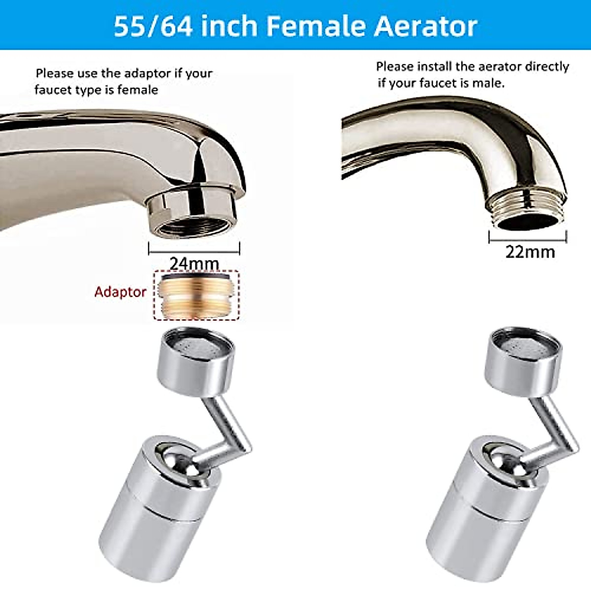 720 Degree Faucet Extender 720° Swivel Sink Female Faucet Aerator with Male Adapter, Faucet Sprayer Attachment Can be Used as Eyewash Station, 55/64”-27UNS Female Swivel Faucet Aerator
