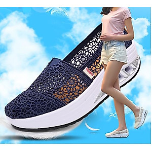 Women's Floral Embroidery Lace Mesh Air Cushion Sneakers,Comfortable Orthopedic Diabetic Walking Toning Shoes Breathable Slip On Platform Loafers (Black,6)