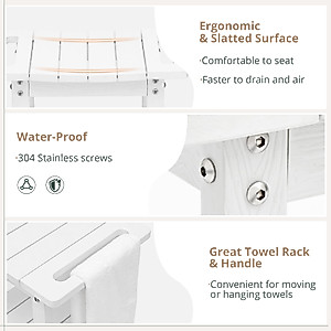 LUE BONA Shower Bench Seat, White HDPS Shower Benches for Inside Shower, Waterproof Shower Stool for Shaving Legs Foot Stool for Spa Bathroom, Weather Resistant/Non-Slip/Handles/Indoor or Outdoor Use