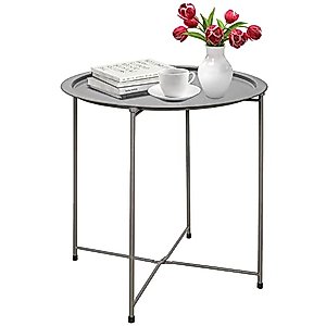 Garden 4 you Folding Tray Metal Side Table Grey Round End Table Cyan Sofa Small Accent Fold-able Table, Round End Table Tray, Next to Sofa Table, Snack Table for Living Room and Bed Room