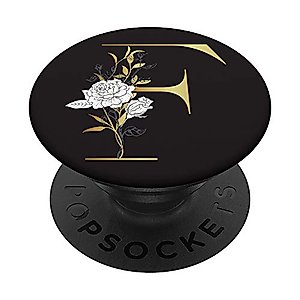 Initial F Monogram Chic Black Background Floral Letter F PopSockets Grip and Stand for Phones and Tablets