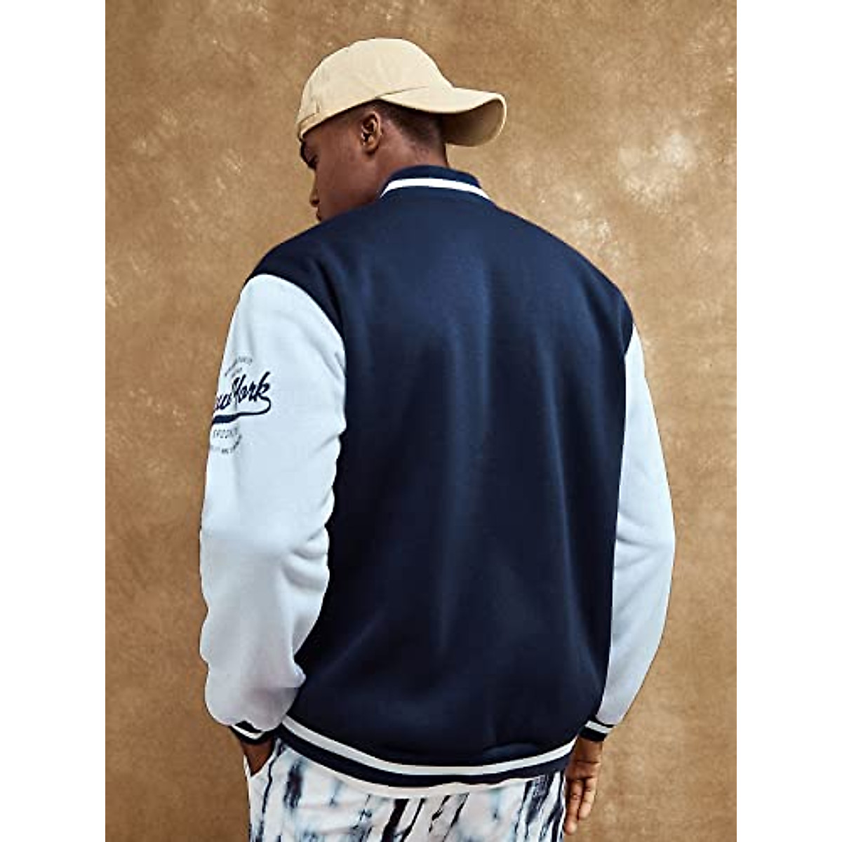 Floerns Men's Letter Graphic Print Long Sleeve Color Block Baseball Jacket Blue and White M