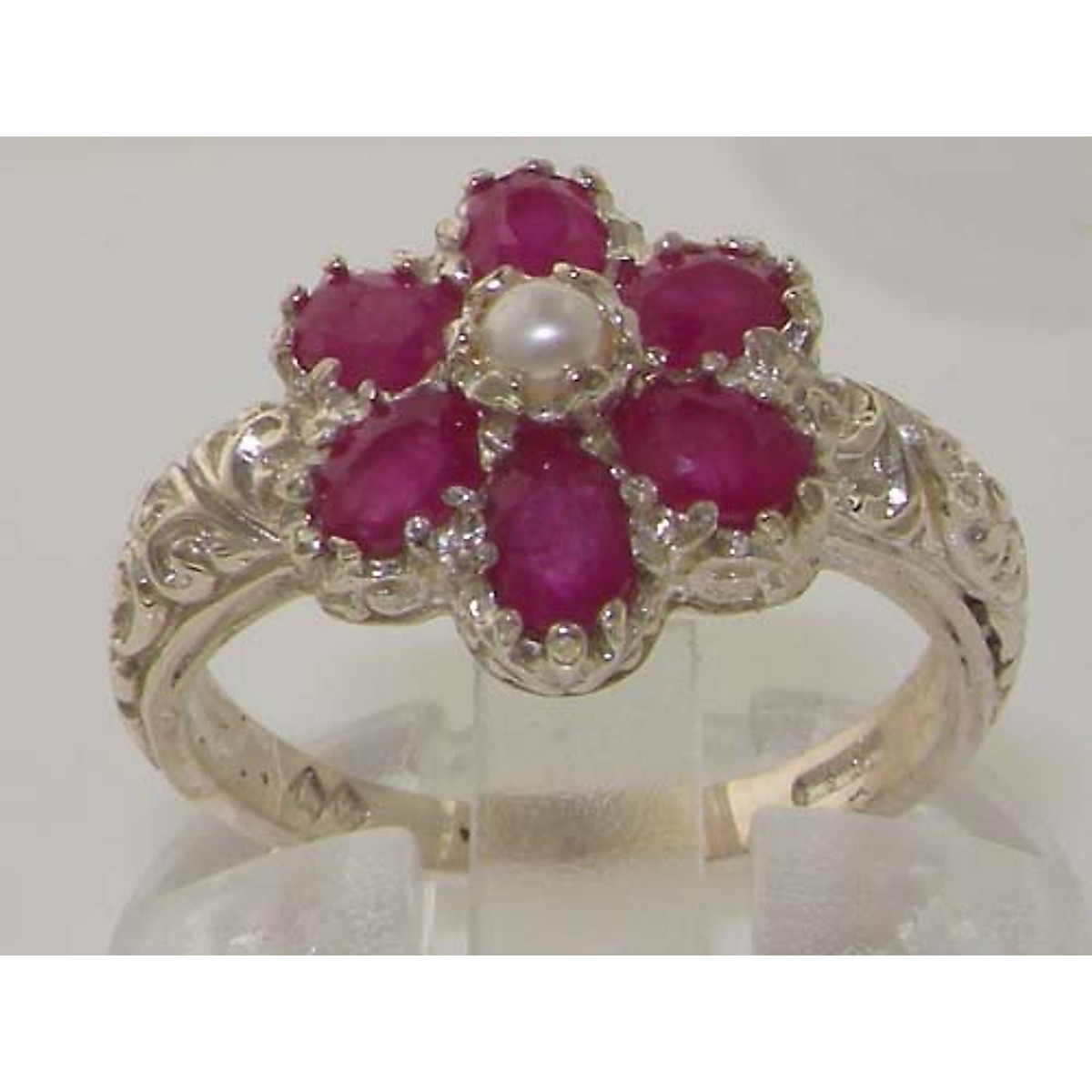 LetsBuyGold 925 Sterling Silver Cultured Pearl and Ruby Womens Anniversary Ring - Size 10.5