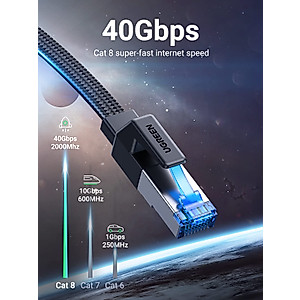 UGREEN Cat 8 Ethernet Cable 3FT, Flat High Speed 40Gbps 2000Mhz Internet Cable 26AWG Braided Network Cord RJ45 Shielded Indoor LAN Cables Compatible for Gaming PC PS5 Xbox Modem Router 3FT