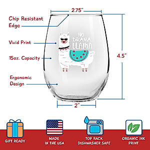 No Drama Llama Funny Stemless Wine Glass Cup (15 oz) - Cute Llama Gifts for Women Adults- Novelty Wine Glasses with Cute Sayings for Women- Llama Llama Decor- Made in USA