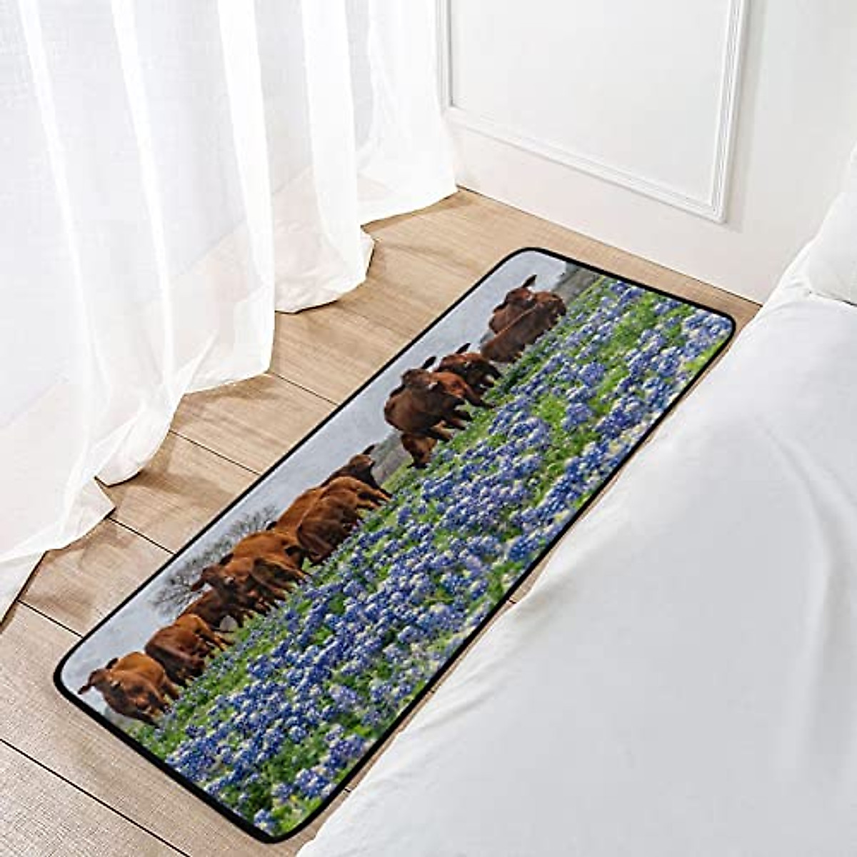 Cows Bluebonnets Spring Kitchen Rugs Cattle Animal Bath Mat for Bathroom Absorbent Non Skid Washable Standing Floor Desk Mat Runner Carpet for Home Office Hallway Sink Stove Laundry 39X20 inches