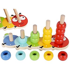 TOWO Wooden Stacking Rings Baby –Lovely Caterpillar Counting Game - Colour Sorting Puzzle - 5 Pegs Ring Stacker - Counting Rings Early Learning Wooden Toys for 1 Year Old Gift First Birthday Boy Girl