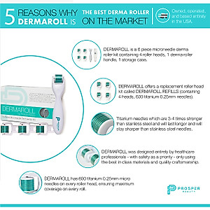 Derma Roller Microneedle 6 Piece Kit [DERMAROLL by Prosper Beauty] Face Roller with 4 Replaceable Heads Exfoliation Microdermabrasion Micro Derma Skin Care Tool Dermaplaning Microneedling