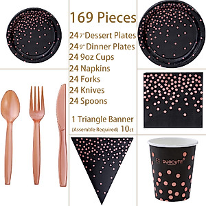 Black and Rose Gold Party Supplies 169 Pieces, Rose Gold Dot Black Paper Plates, Napkins, Cups, Cutlery, Banner for Graduation, Birthday, Cocktail Party, Retirement Party, Serve 24